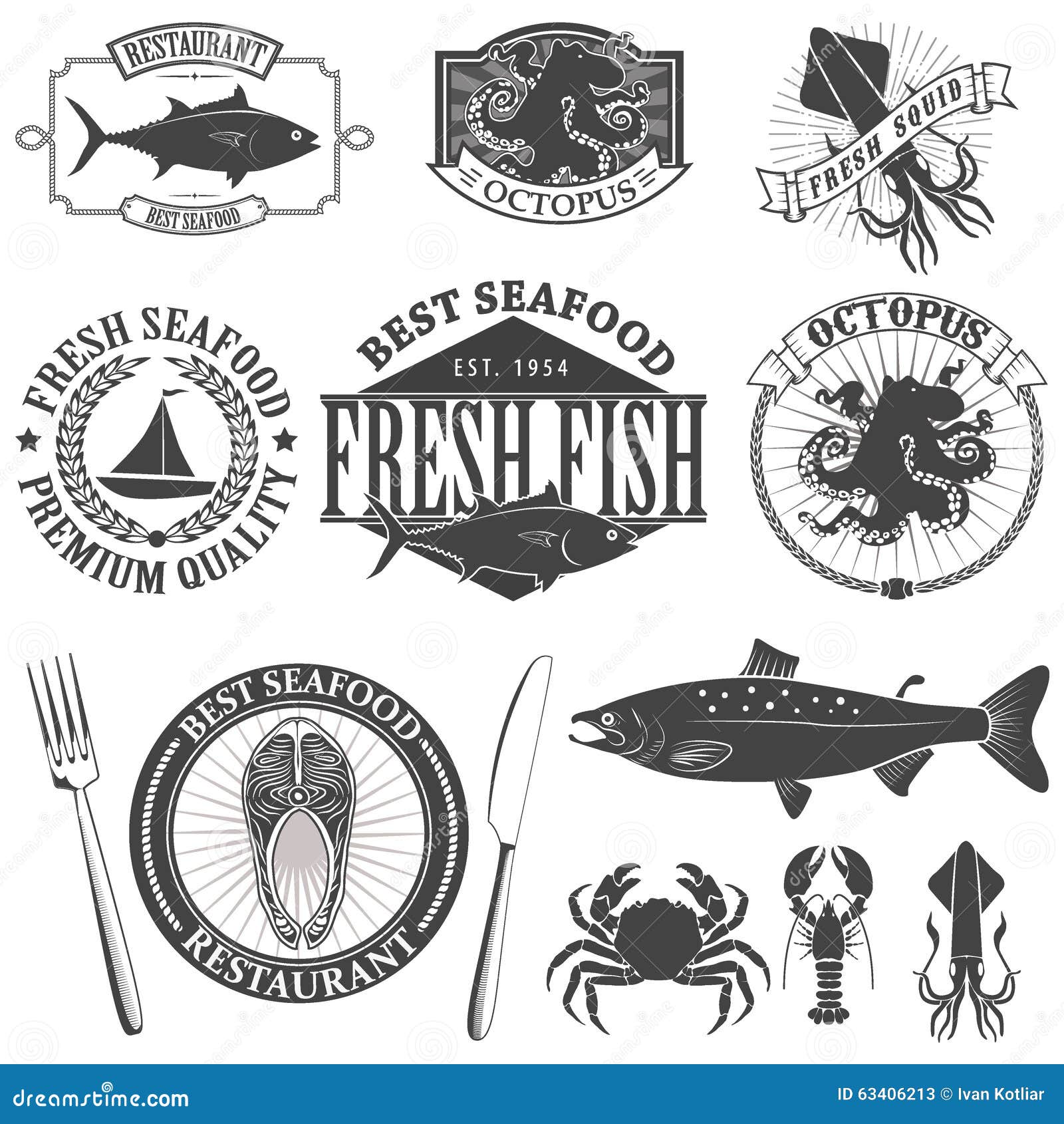 Seafood labels set stock vector. Illustration of icon - 63406213