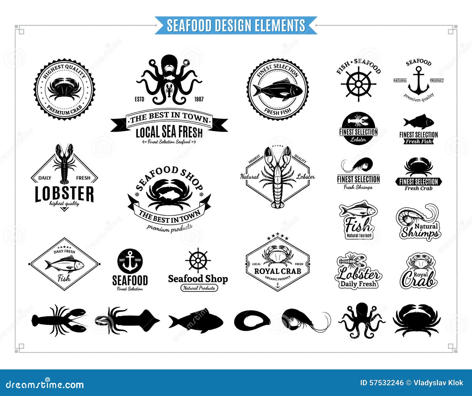 Seafood Logos, Labels, Sea Animals And Design Elements Vector ...