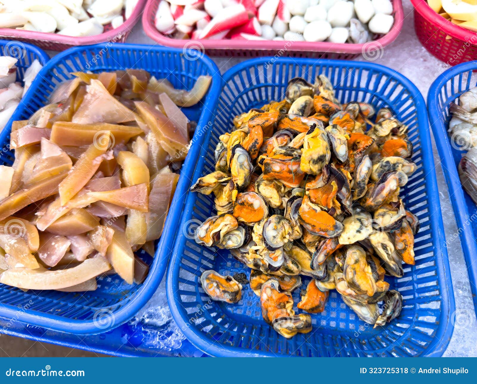 Seafood meat on the market stock photo. Image of asia - 323725318