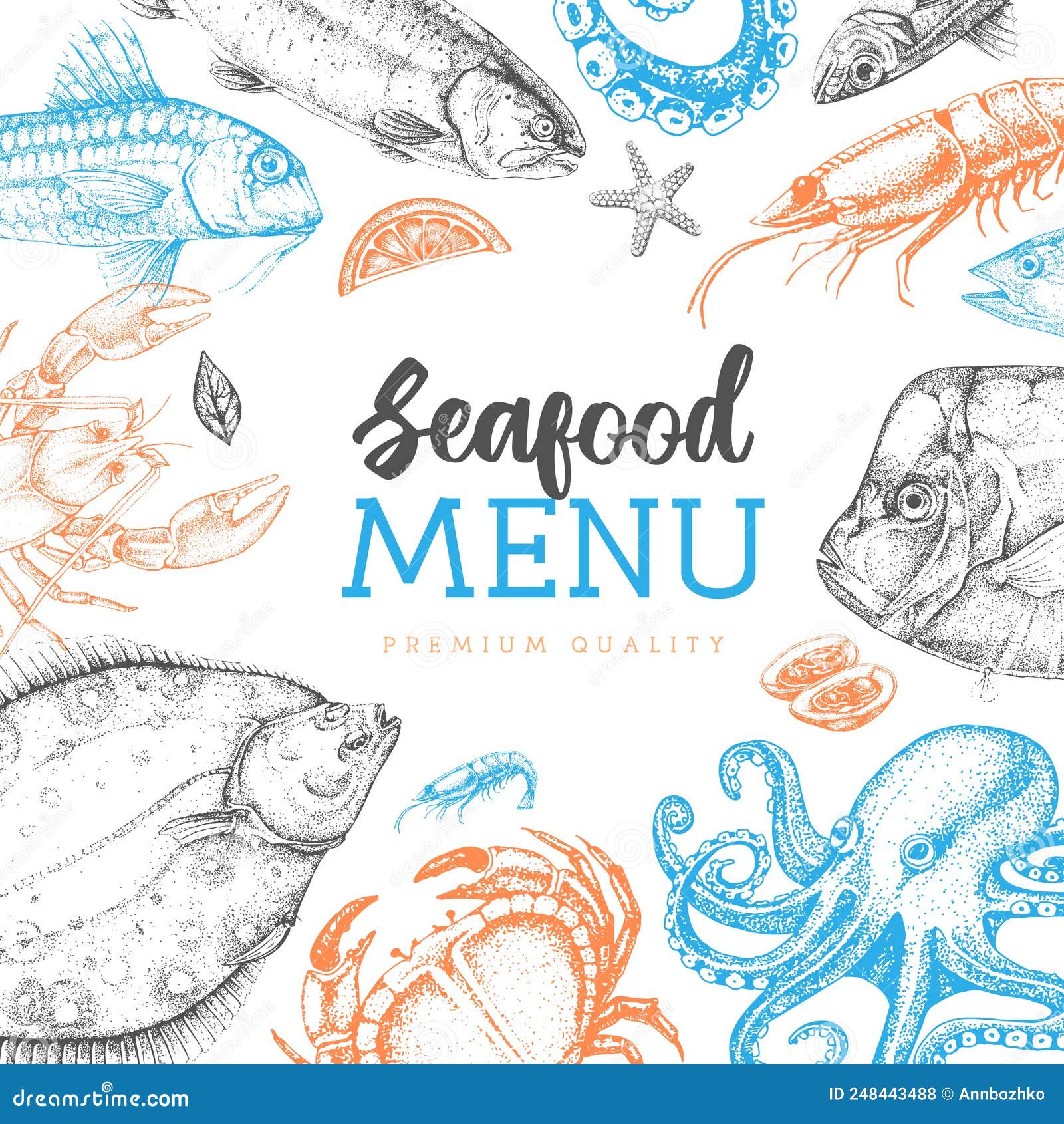 Seafood Menu Cover Design with Different Kinds of Fish. Stock Vector ...