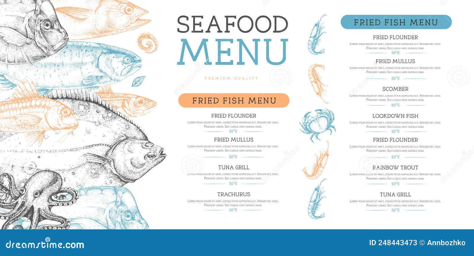 Seafood Menu Design with Different Kinds of Fish. Stock Vector ...
