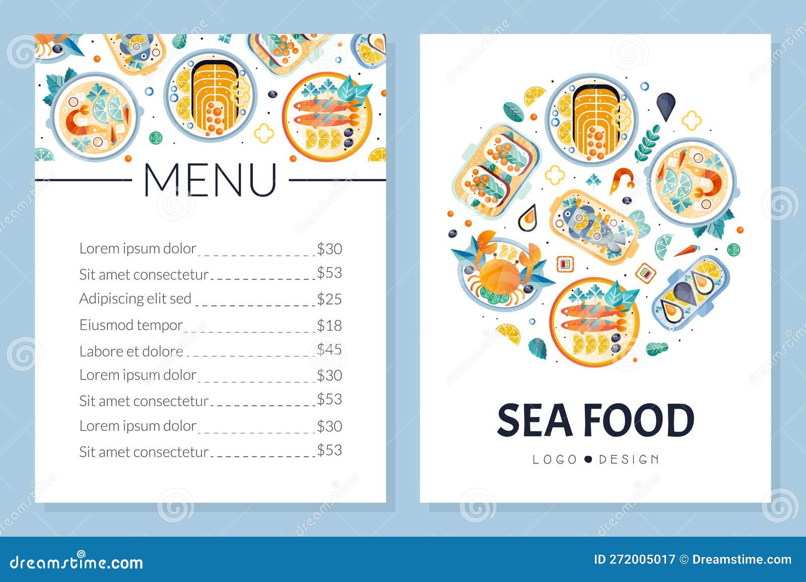 Seafood Menu Design with Fish and Shellfish Dish Served on Plate Vector ...