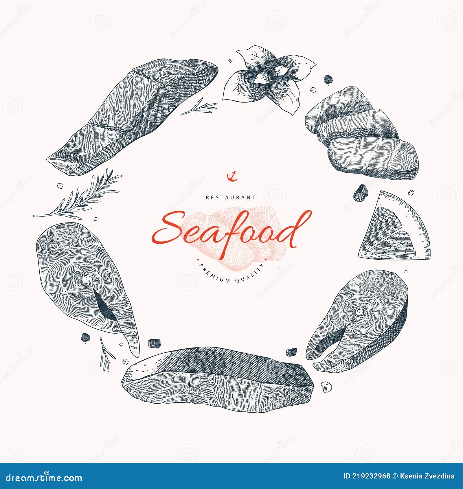 Seafood Menu Design, Frame Vector Template with Logo and Hand Drawn Ink ...
