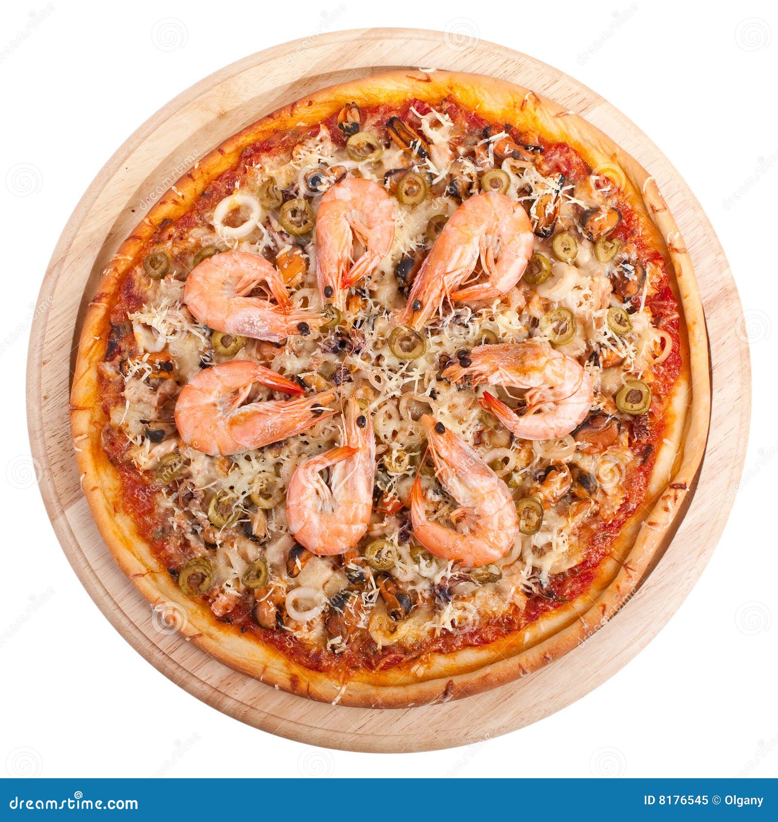 Seafood Pizza Topping Whit Crab, Shrimp And Ham On A Wooden Tray. The ...