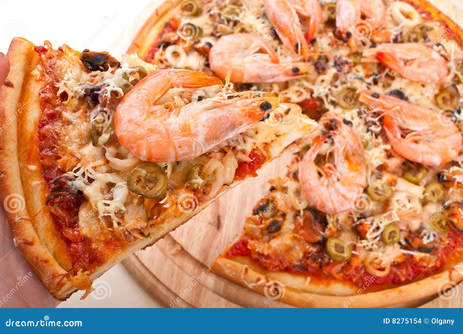 Seafood Pizza Topping Whit Crab, Shrimp And Ham On A Wooden Tray. The ...