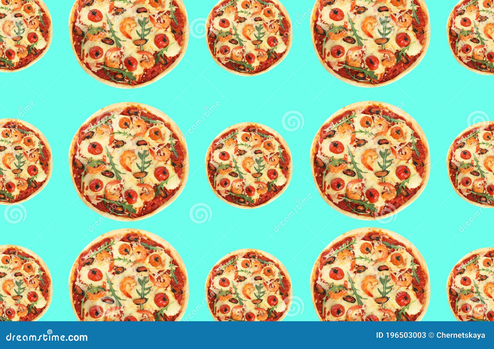 Seafood Pizza Pattern Design on Light Blue Background Stock ...