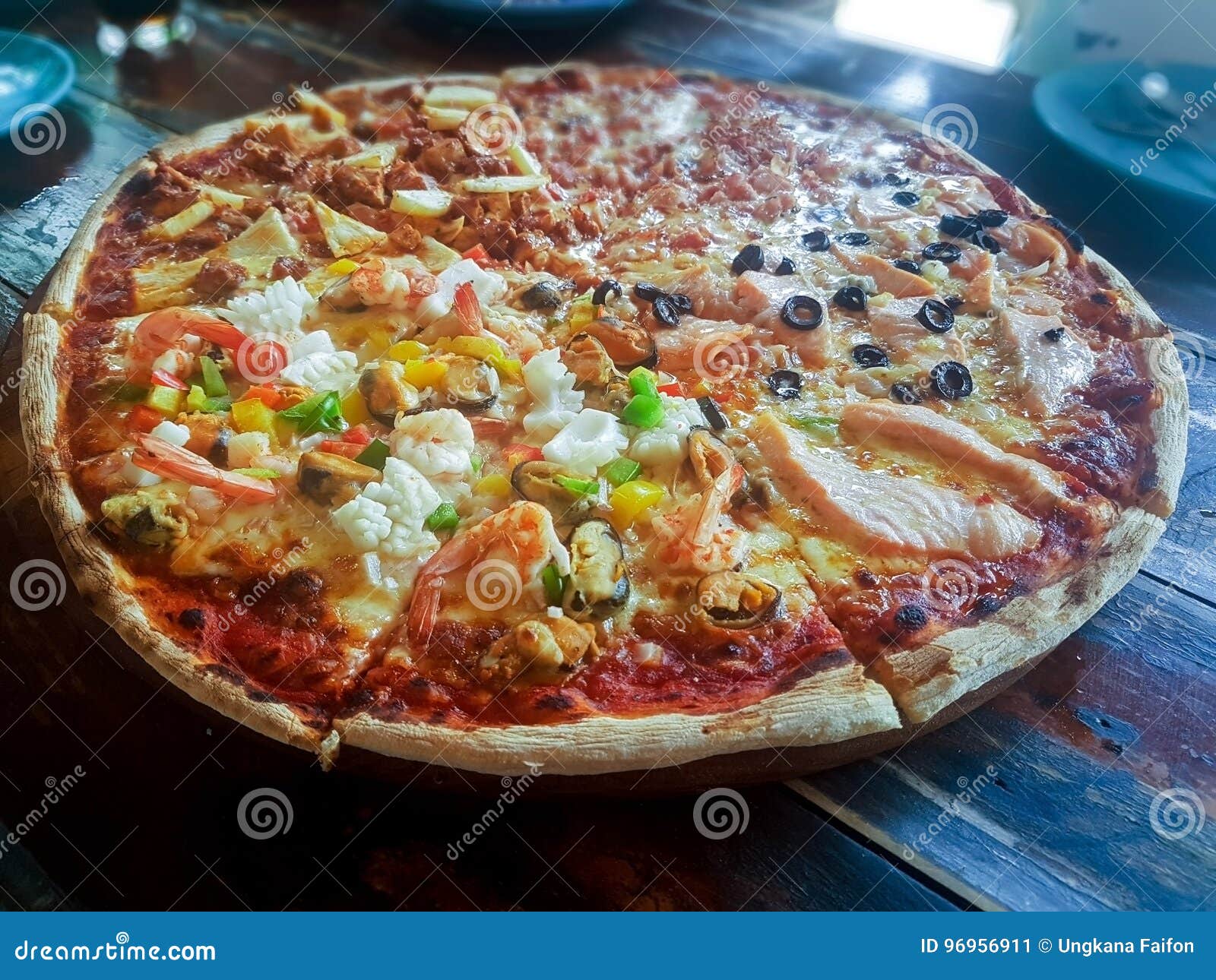 Seafood pizza. stock image. Image of isolated, cheese - 96956911