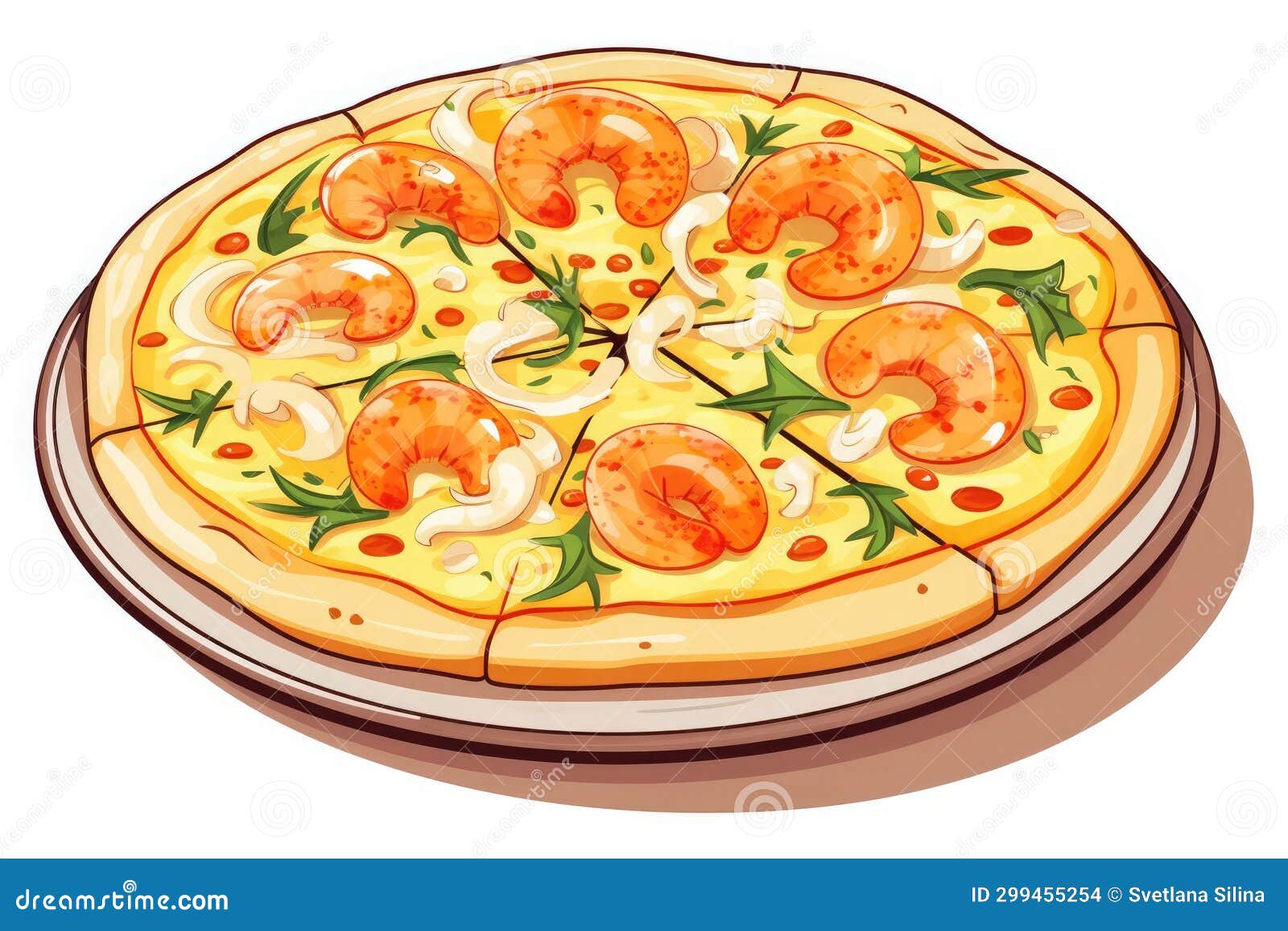 Seafood Pizza Wheat Dough Manga Style Vector Illustration Stock