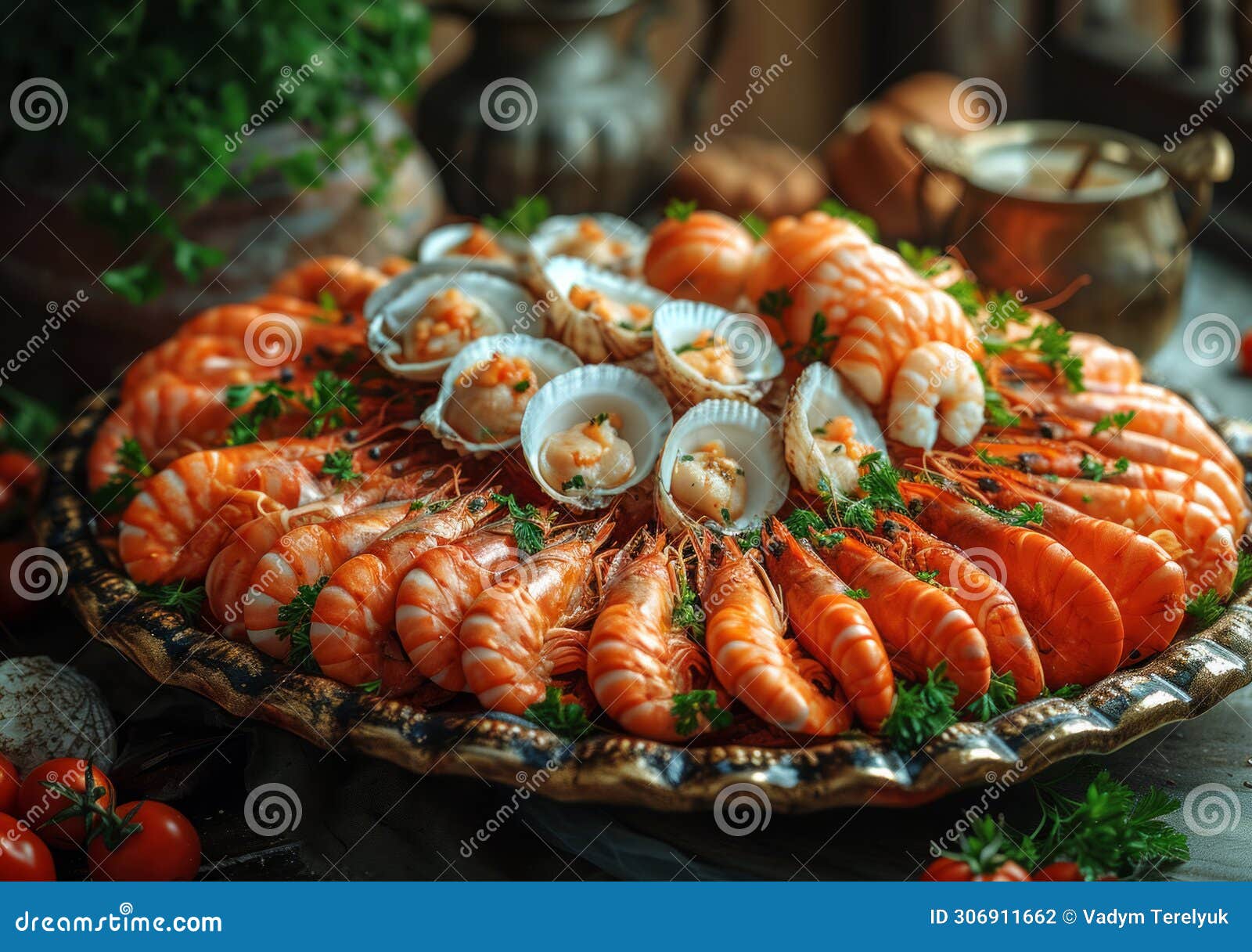 Seafood Platter with Rich Assortment of Shellfish and Fresh Vegetables ...