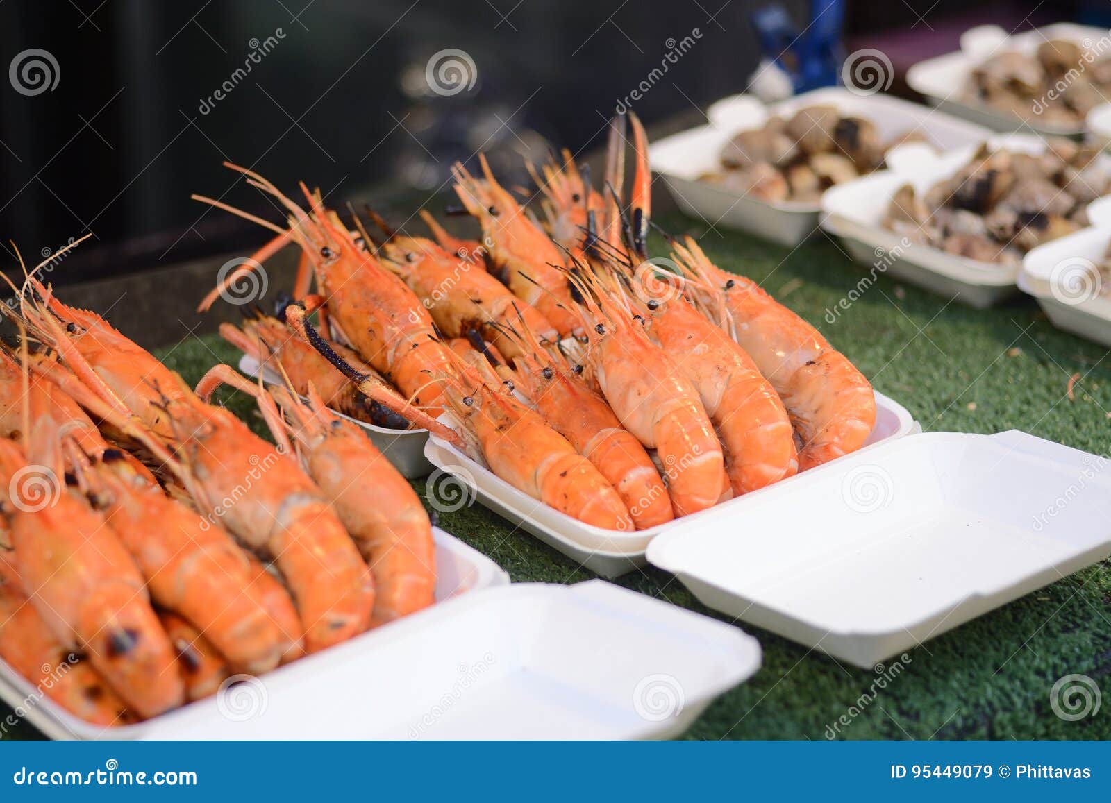 Seafood : Prawn on Grill in Foam Polystyrene Tray Box Stock Image ...