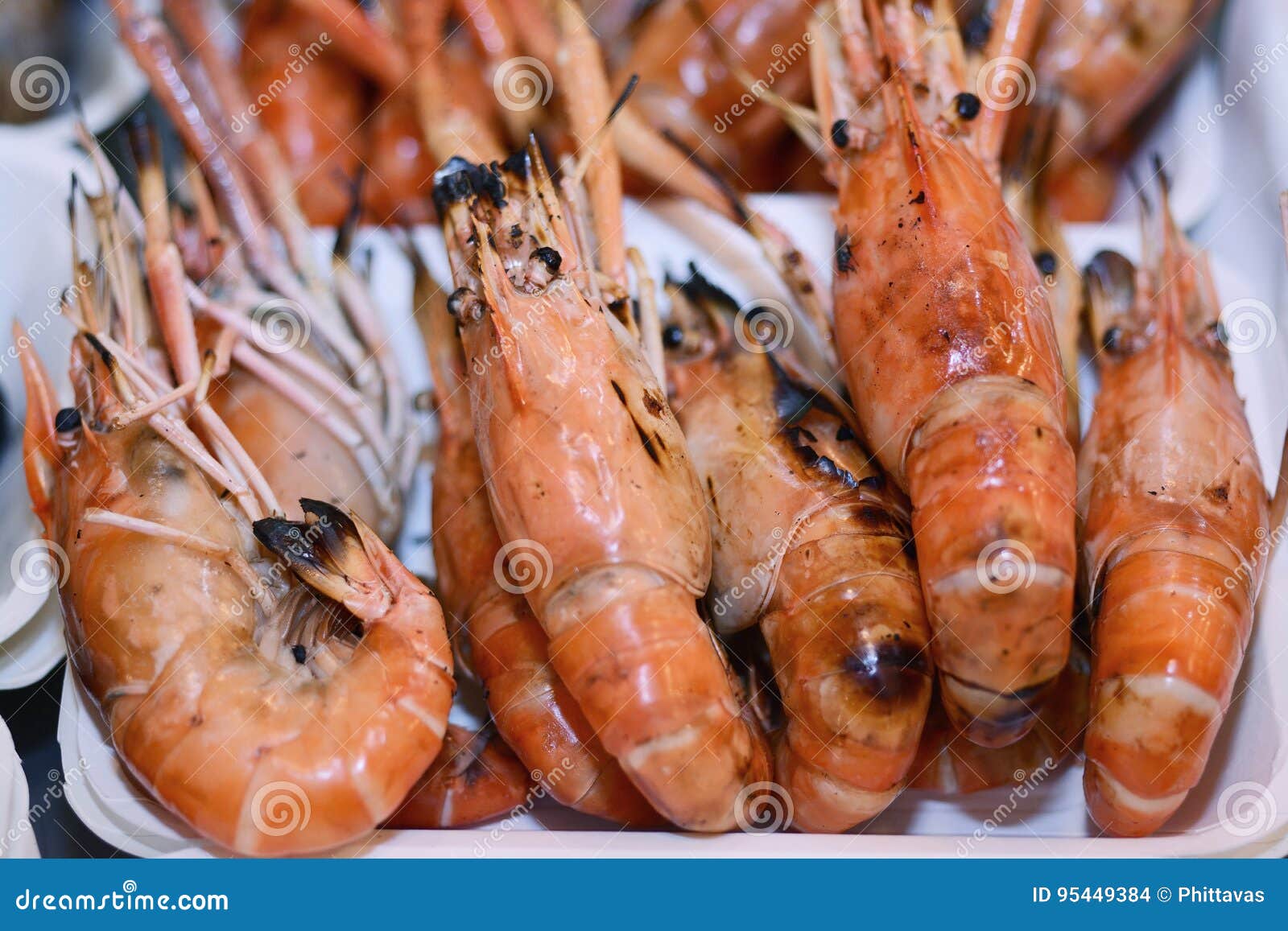 Seafood : Prawn on Grill in Foam Polystyrene Tray Box Stock Photo ...