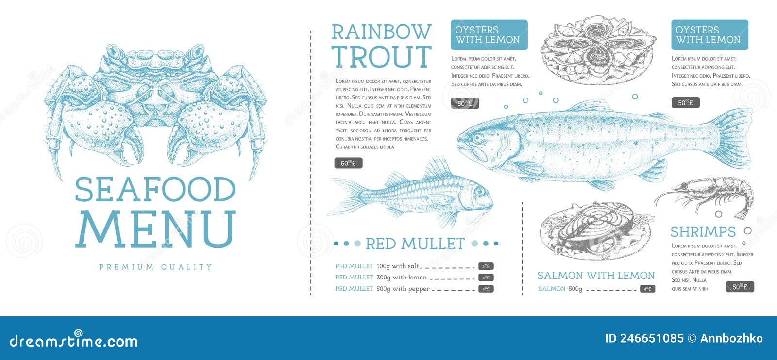 Seafood Restaurant Menu Design with Hand Drawing Fish. Stock Vector ...