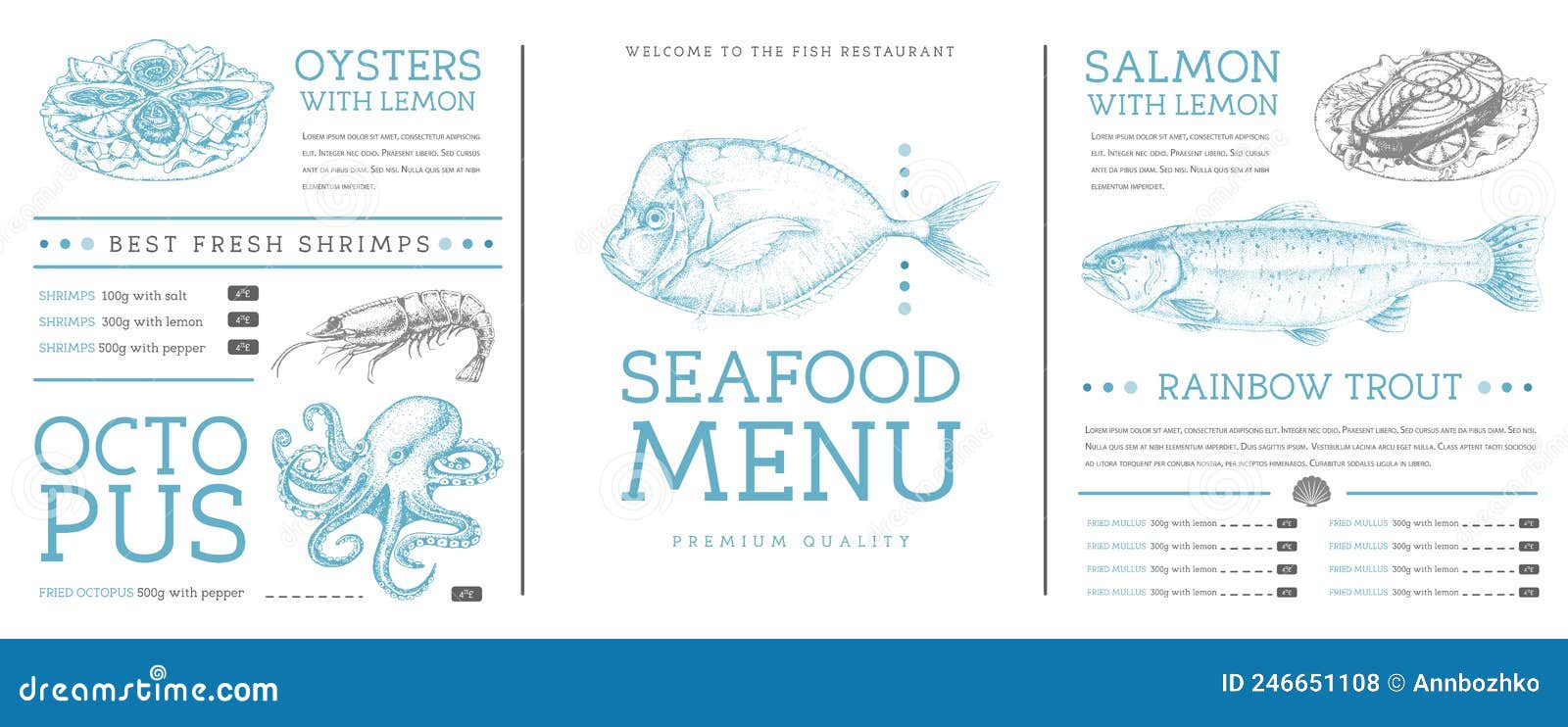 Seafood Restaurant Menu Design with Hand Drawing Fish. Stock Vector ...