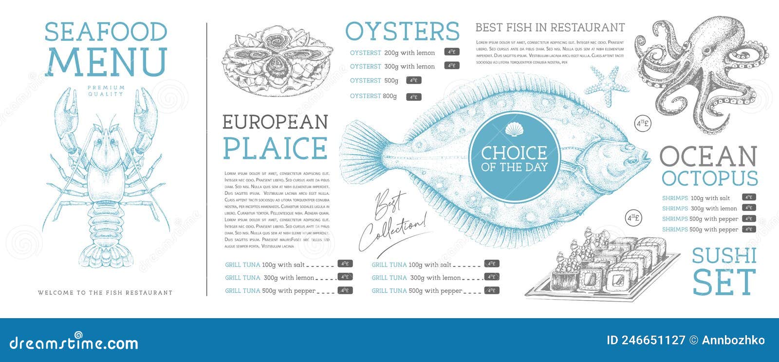 Seafood Restaurant Menu Design with Hand Drawing Fish. Stock Vector ...