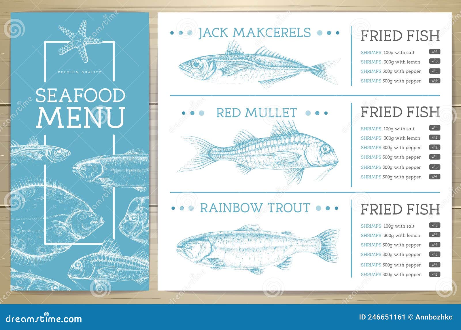 Seafood Restaurant Menu Design with Hand Drawing Fish. Stock Vector ...