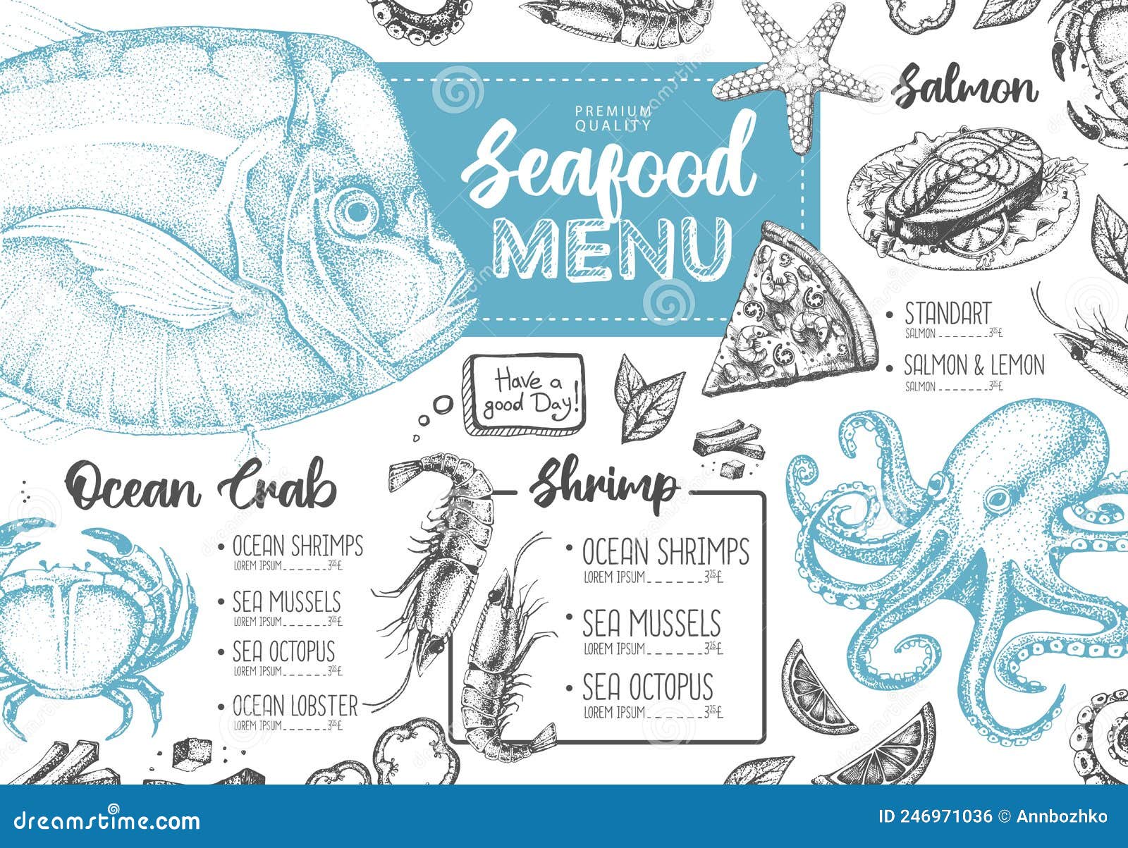 Seafood Restaurant Menu Design with Hand Drawing Fish. Stock Vector ...