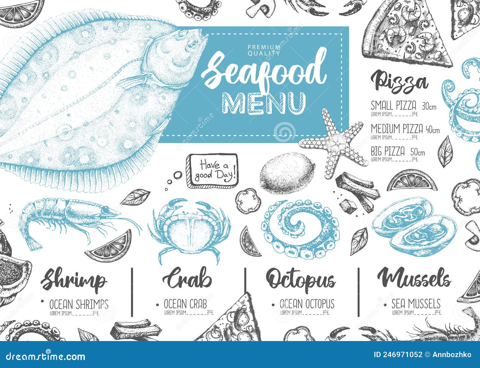 Seafood Restaurant Menu Design with Hand Drawing Fish. Stock Vector ...