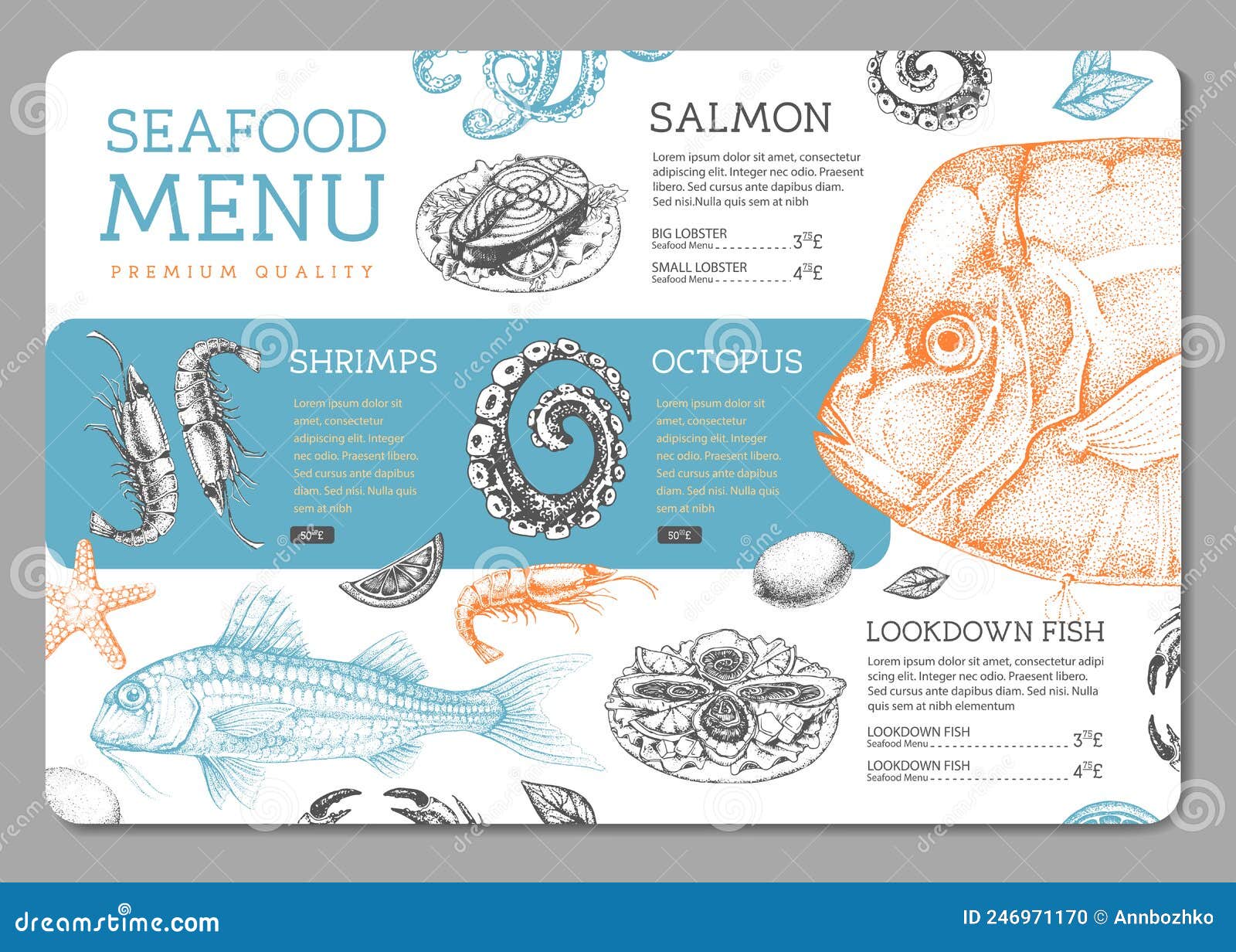Seafood Restaurant Menu Design with Hand Drawing Fish. Stock Vector ...