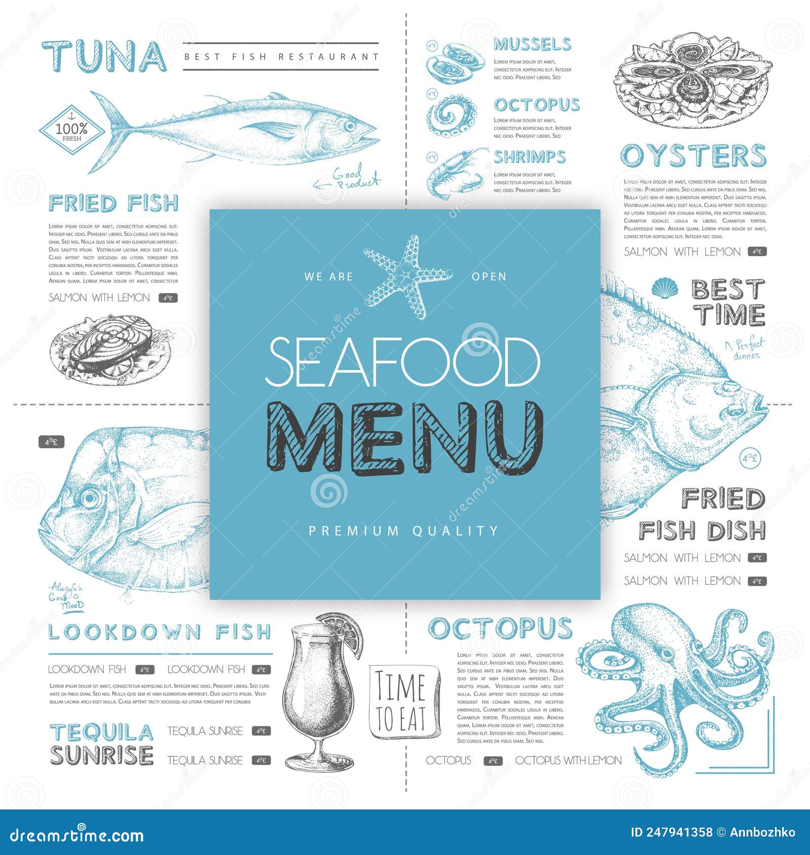 Seafood Restaurant Menu Design with Hand Drawing Fish. Stock Vector ...