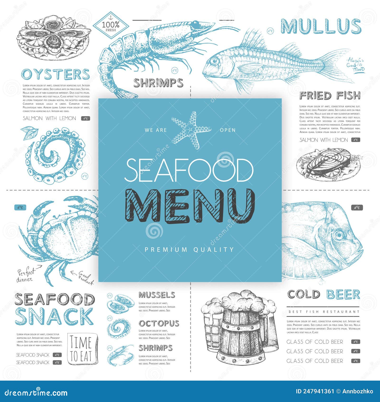 Seafood Restaurant Menu Design with Hand Drawing Fish. Stock Vector ...