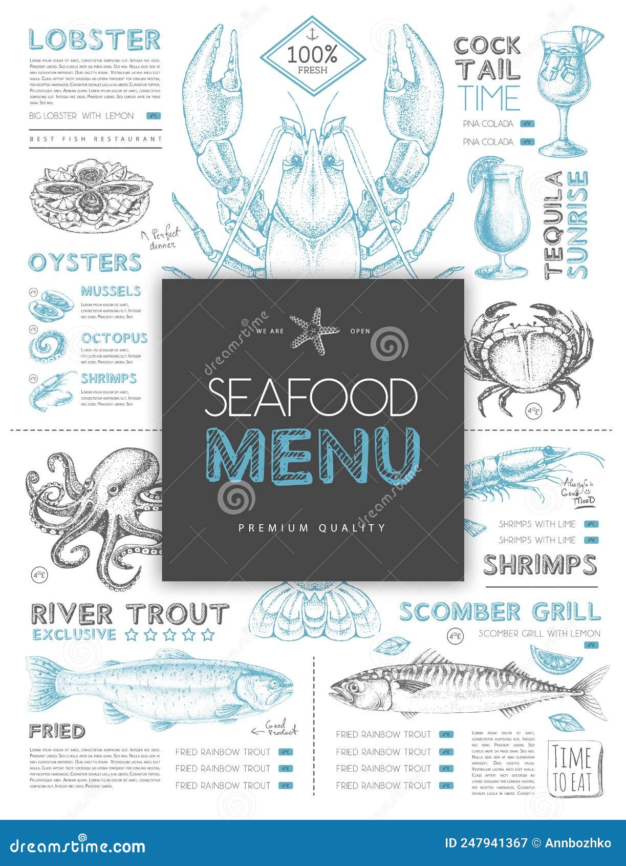 Seafood Restaurant Menu Design with Hand Drawing Fish. Stock Vector ...