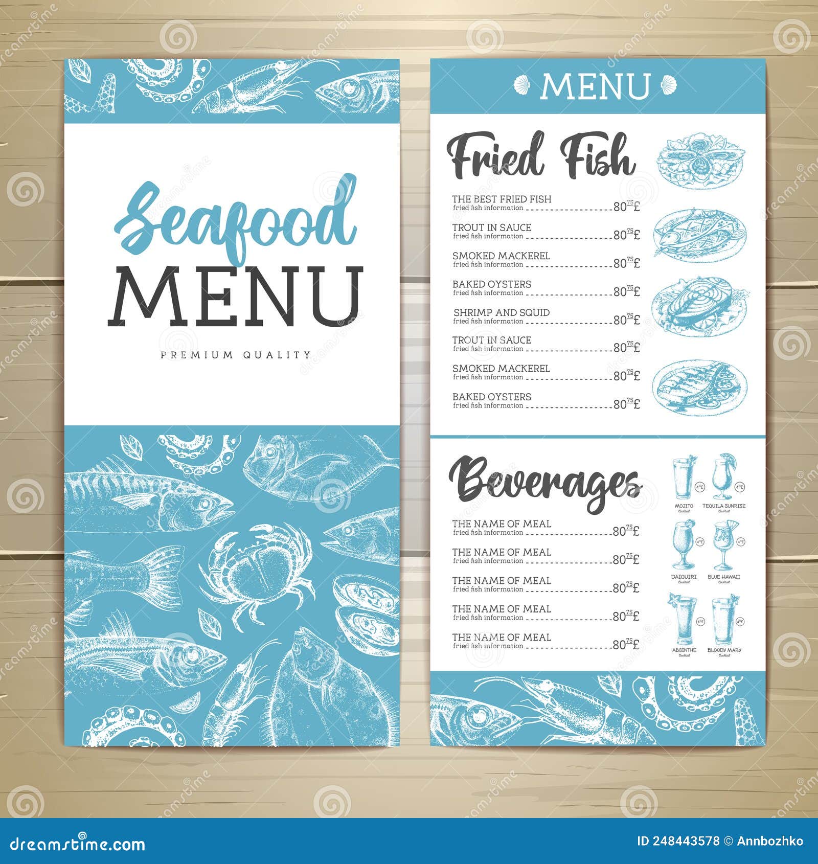 Seafood Restaurant Menu Design with Hand Drawing Fish. Stock Vector ...