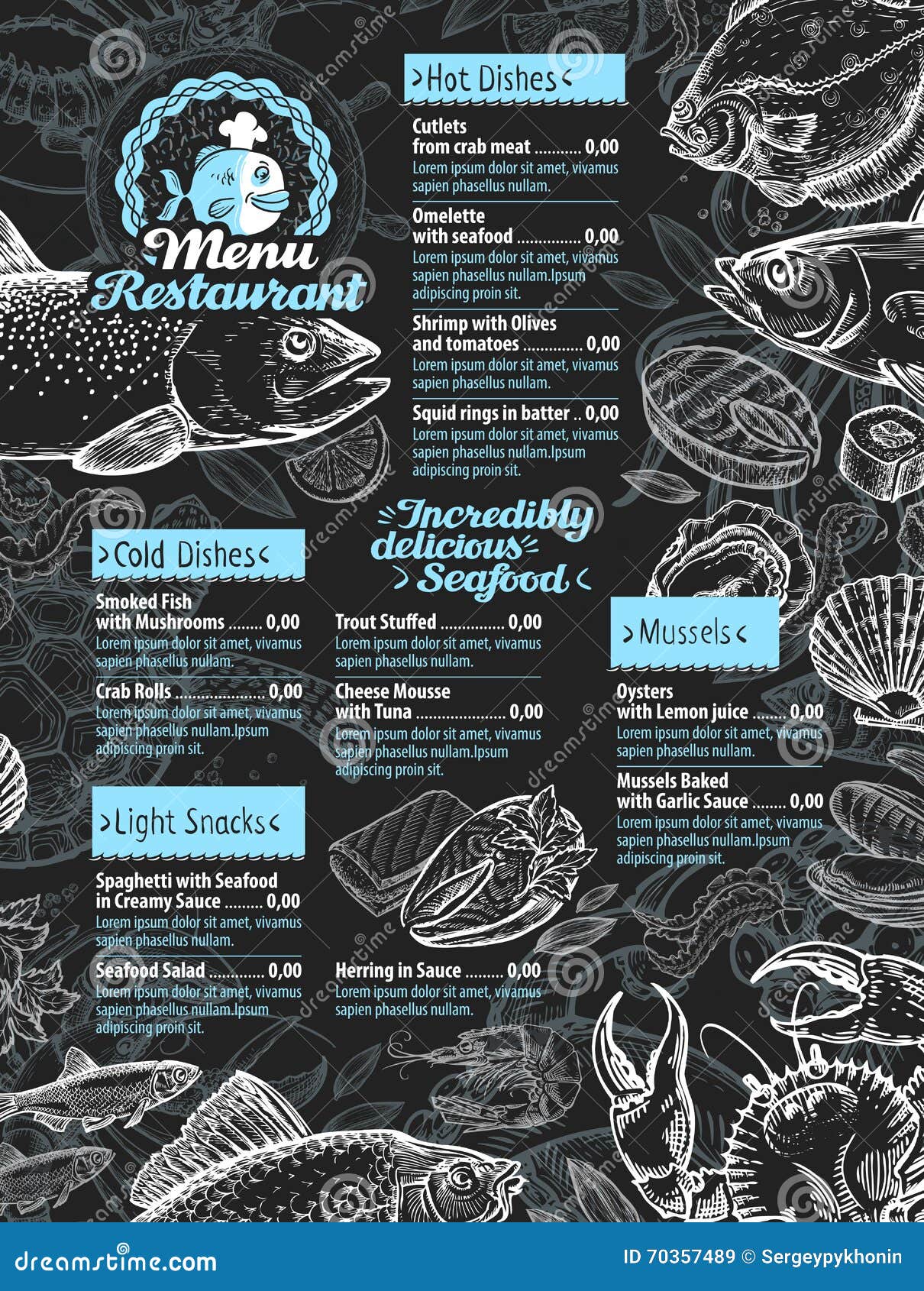 Seafood. Restaurant Menu Design Template. Hand Drawn Seafood Cartoon ...