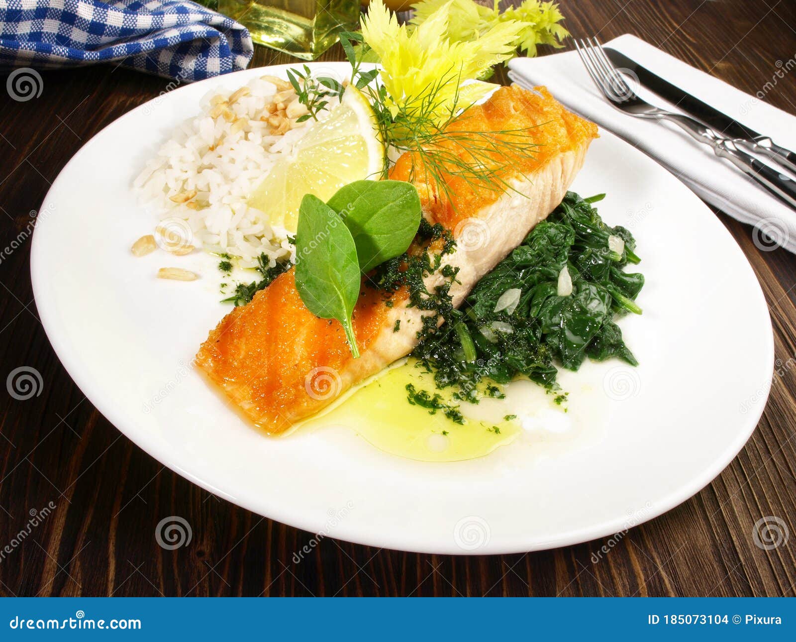 Seafood - Salmon with Spinach and Rice - Fish Fillet Stock Photo ...
