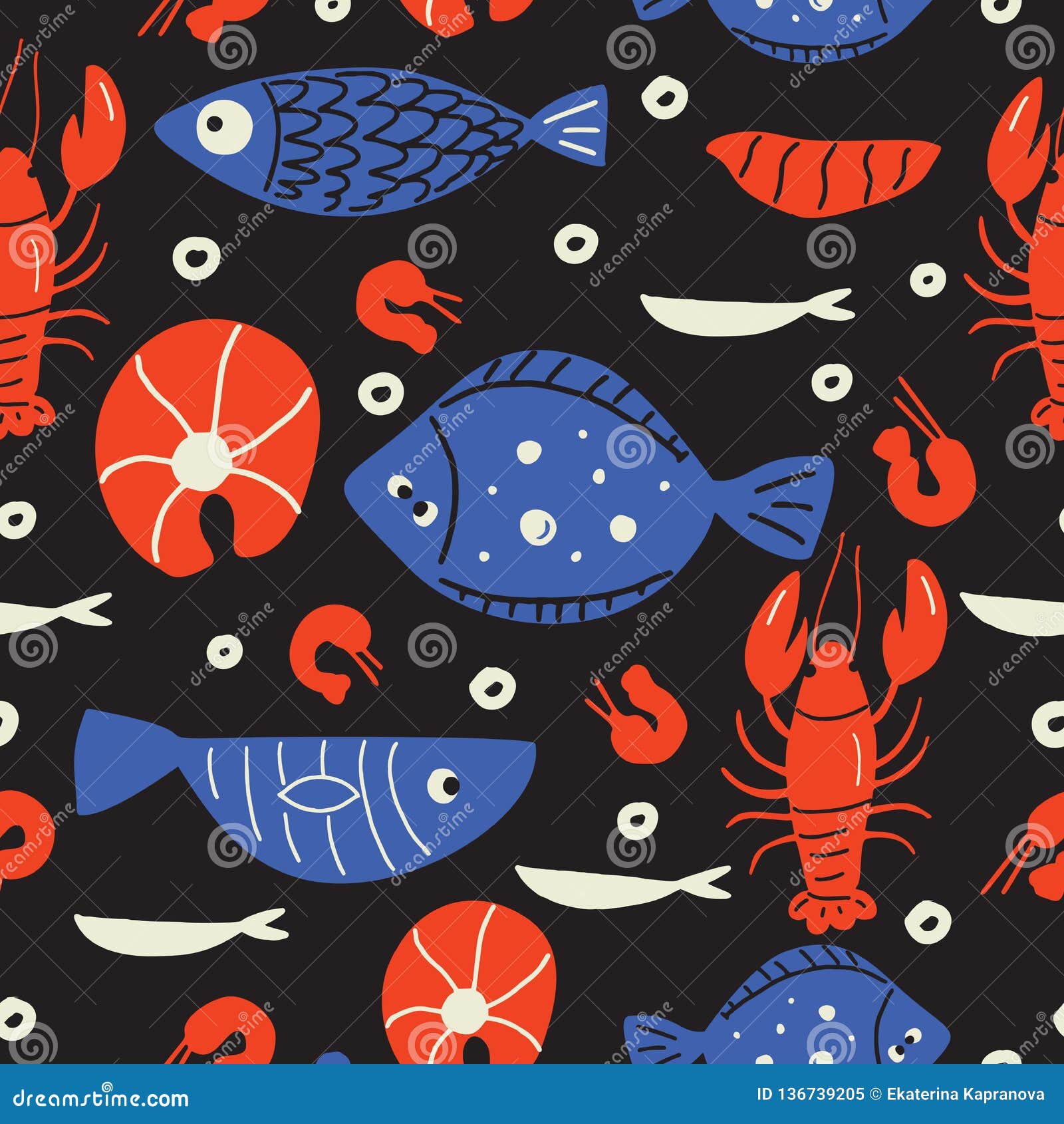Seafood Seamless Pattern. Funny Hand Drawn Illustration of Fishes ...