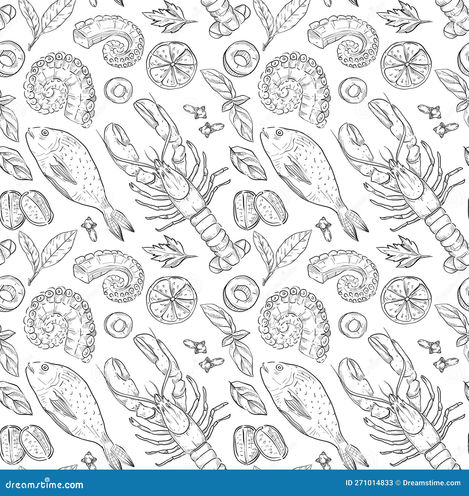 Seafood Seamless Pattern, Hand Drawn Sketch Stock Vector - Illustration ...