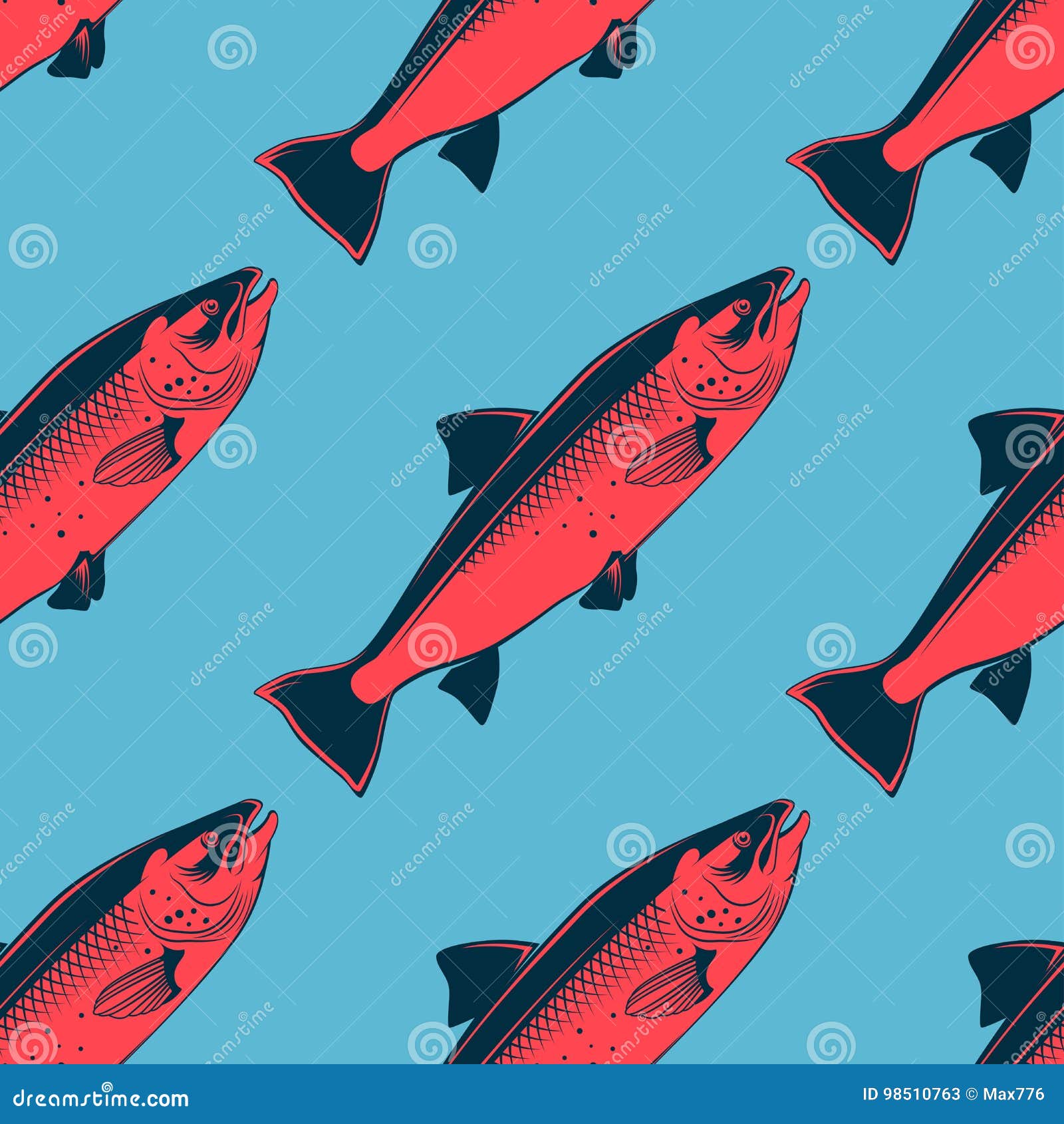 Seafood Seamless Pattern with Pink Salmon, Vector Illustration Stock ...
