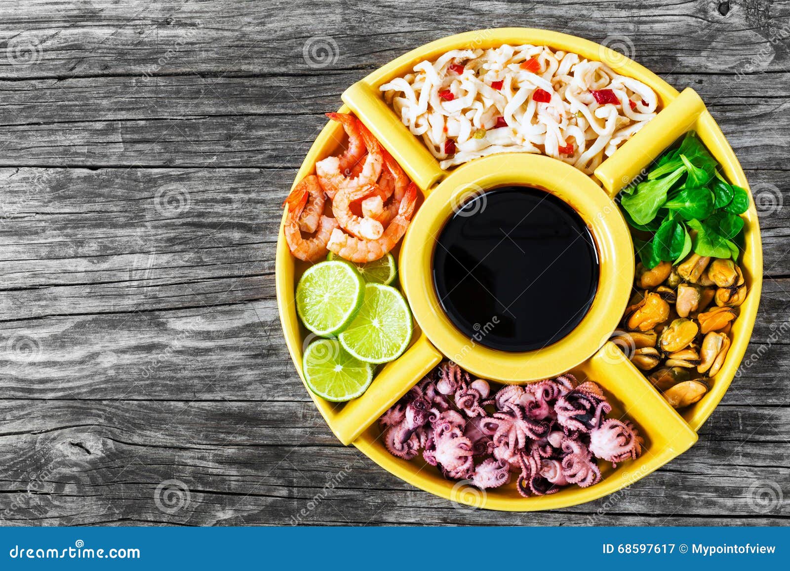 Seafood Set of Prawns, Octopus, Mussels, Squid Rings with Lime Stock ...