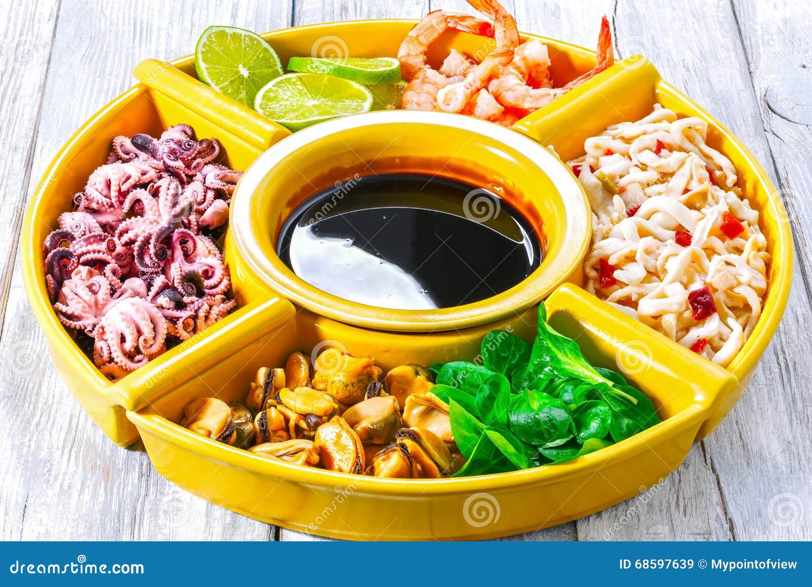 Seafood Set of Prawns, Octopus, Mussels, Squid Rings with Lime Stock ...