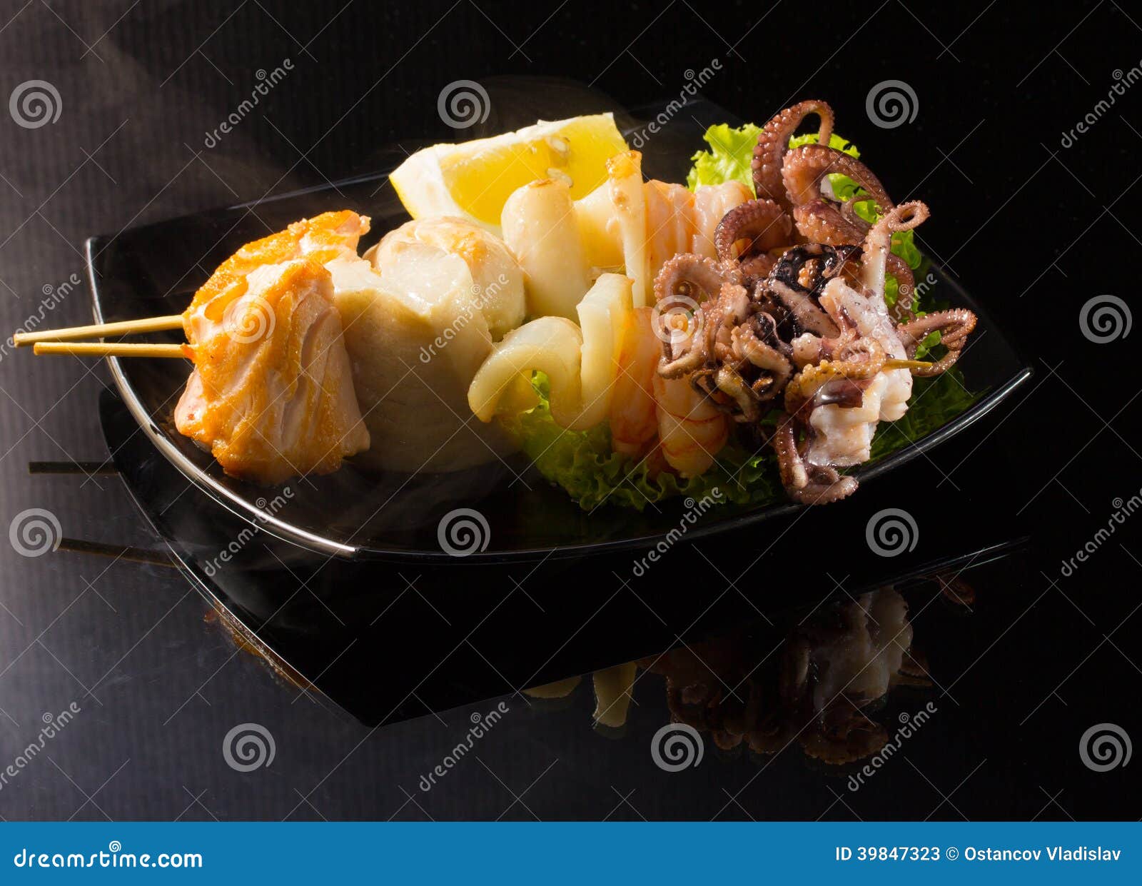 Seafood shashlik stock image. Image of prawn, plate, fried - 39847323