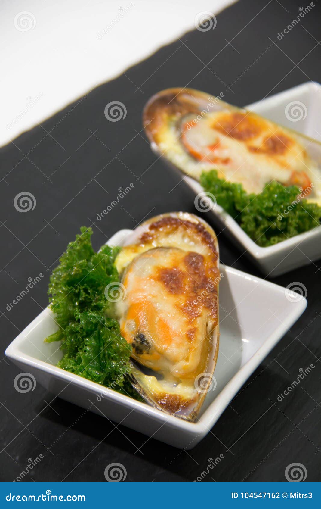 Shellfish Mussels Baked with Cheese in Shells Served Stock Photo ...