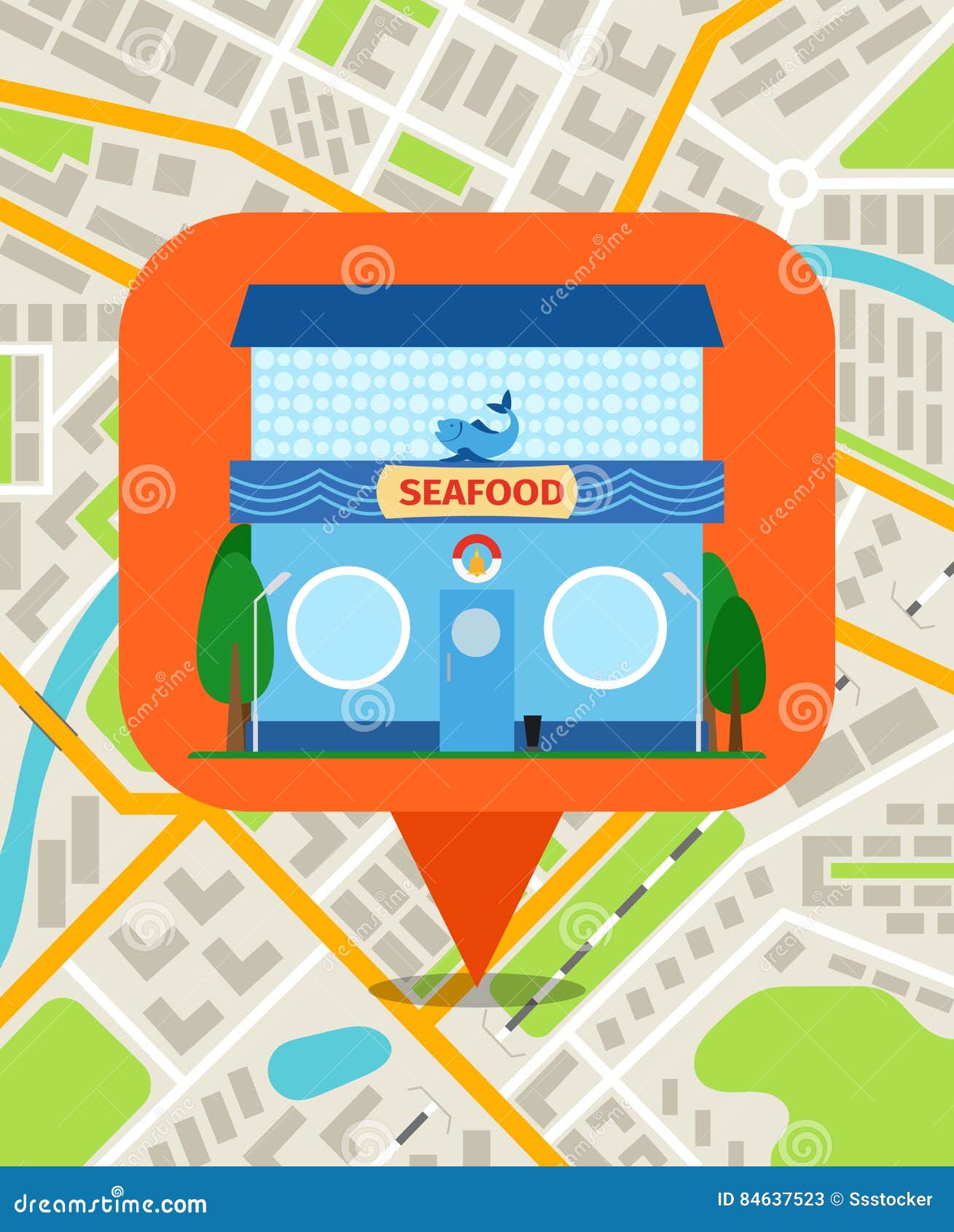 Seafood shop pin on map stock vector. Illustration of blue - 84637523