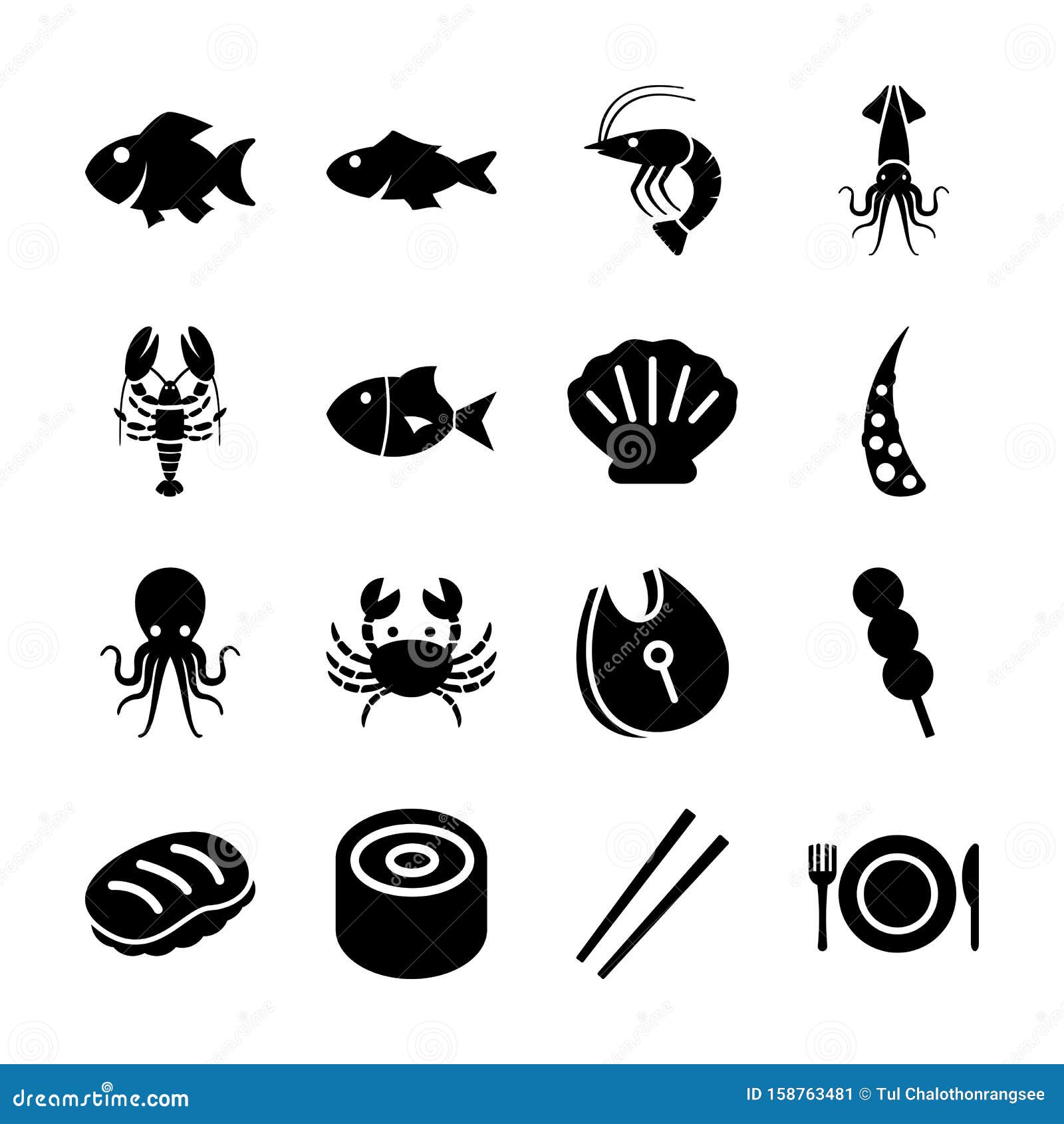Seafood solid icons stock vector. Illustration of lobster - 158763481