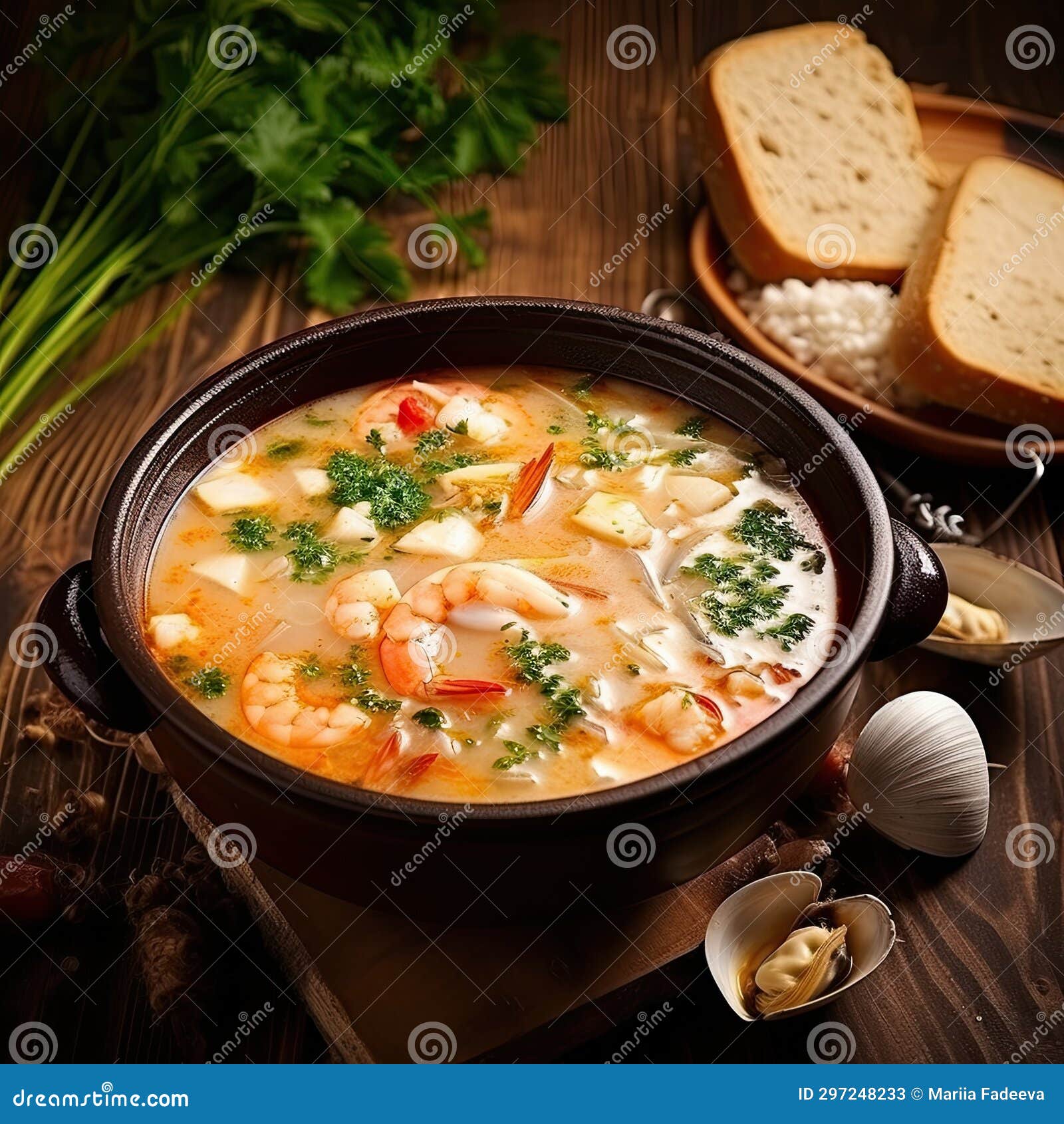 Seafood Soup on Table Background. View from Above Stock Image - Image ...