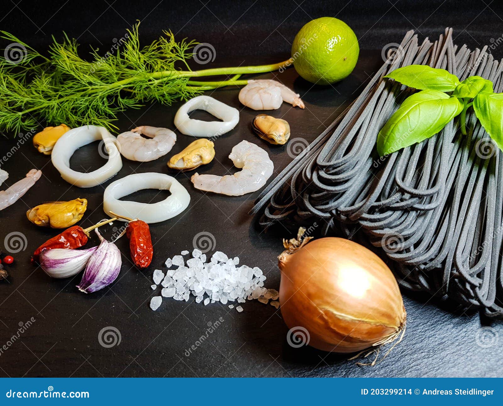 Seafood Spaghetti Rigate stock photo. Image of mixed - 203299214