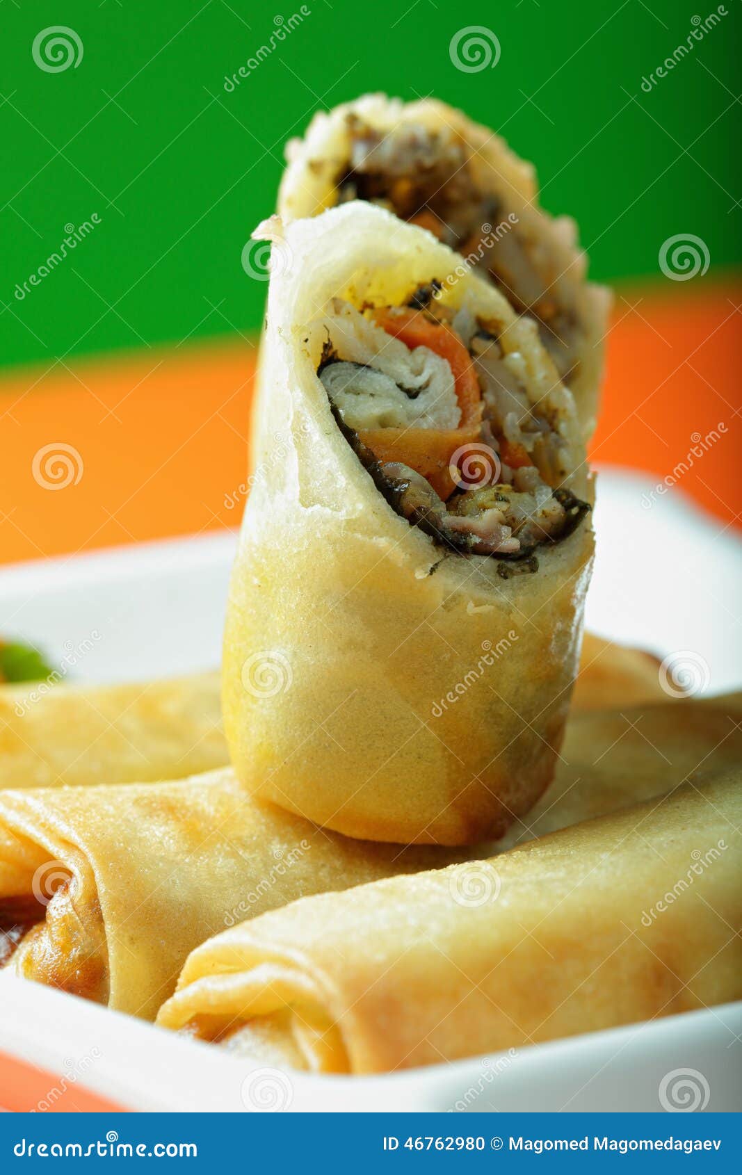 Seafood Spring Rolls in a Plate Closeup Stock Photo - Image of sauce ...