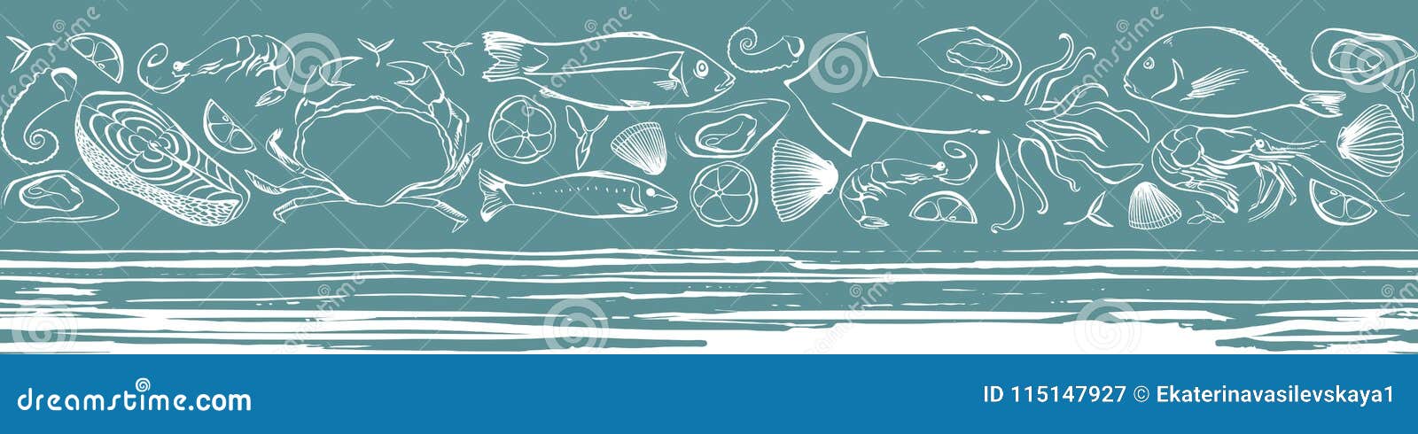 Seafood Vector Seamless Border with Marine Life Animals. Lined Pattern ...