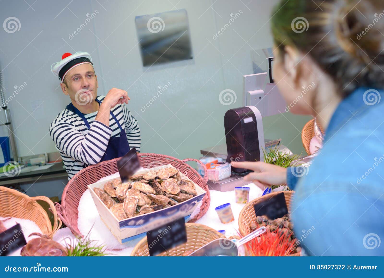 Seafood Vendor Wearing French Hat Stock Photo - Image of catch ...