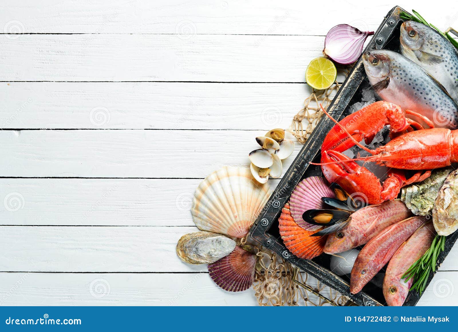 Seafood on a White Background. Lobster, Fish, Shellfish. Top View Stock ...