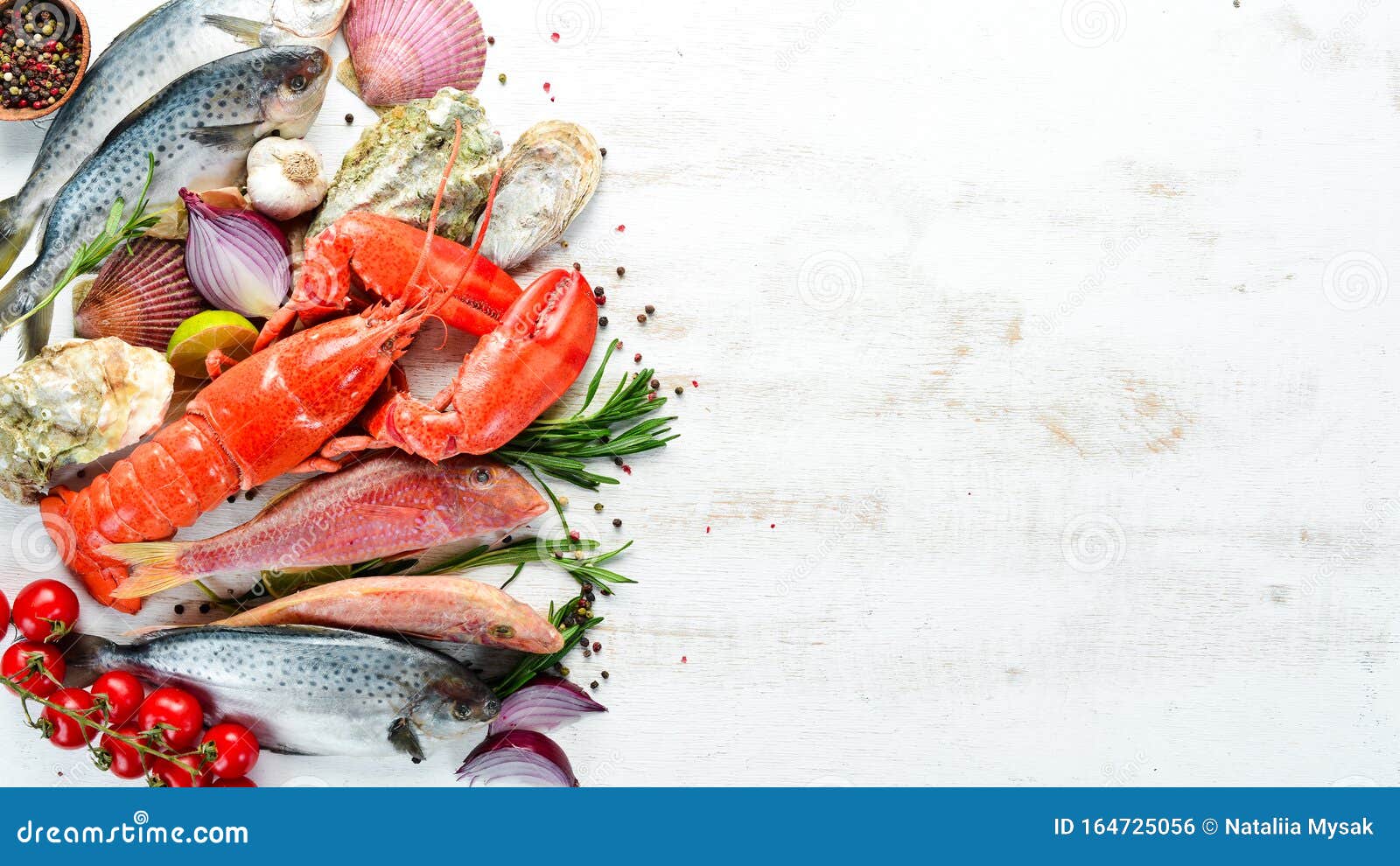 Seafood on a White Background. Lobster, Fish, Shellfish. Top View Stock ...