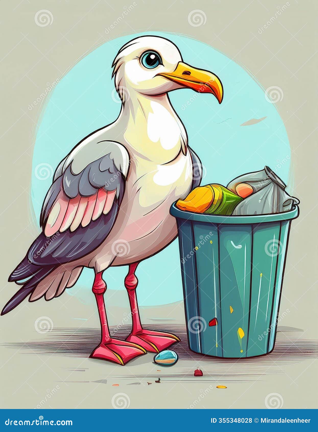 Seagull Eats from Garbage Bin Cartoon Stock Illustration - Illustration ...