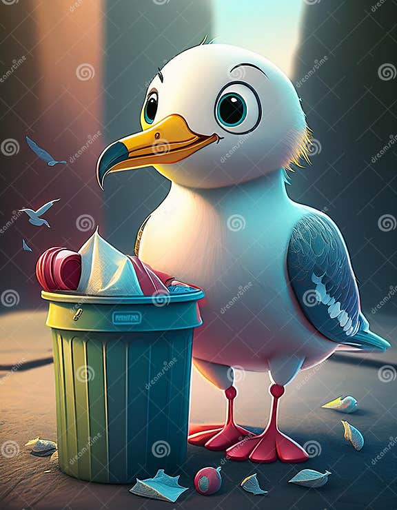 Seagull Eats from Garbage Bin Cartoon Stock Illustration - Illustration ...