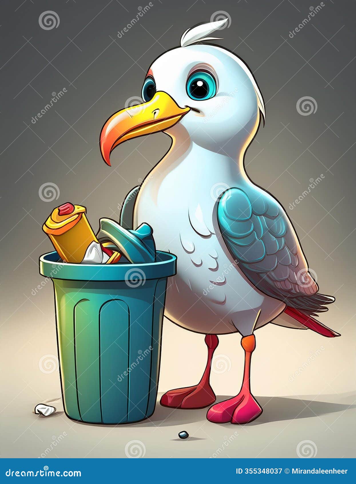 Seagull Eats from Garbage Bin Cartoon Stock Illustration - Illustration ...