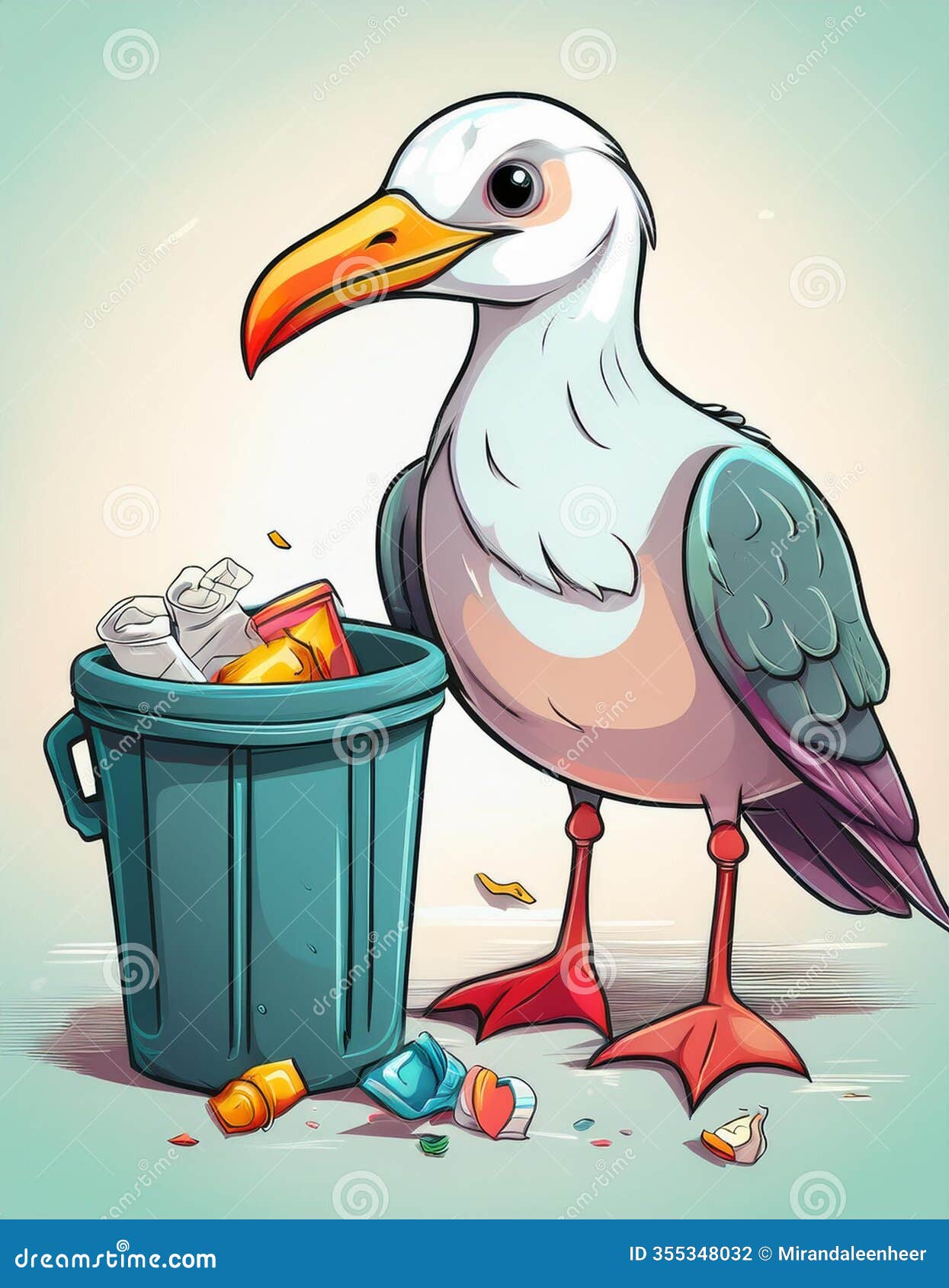 Seagull Eats from Garbage Bin Cartoon Stock Illustration - Illustration ...