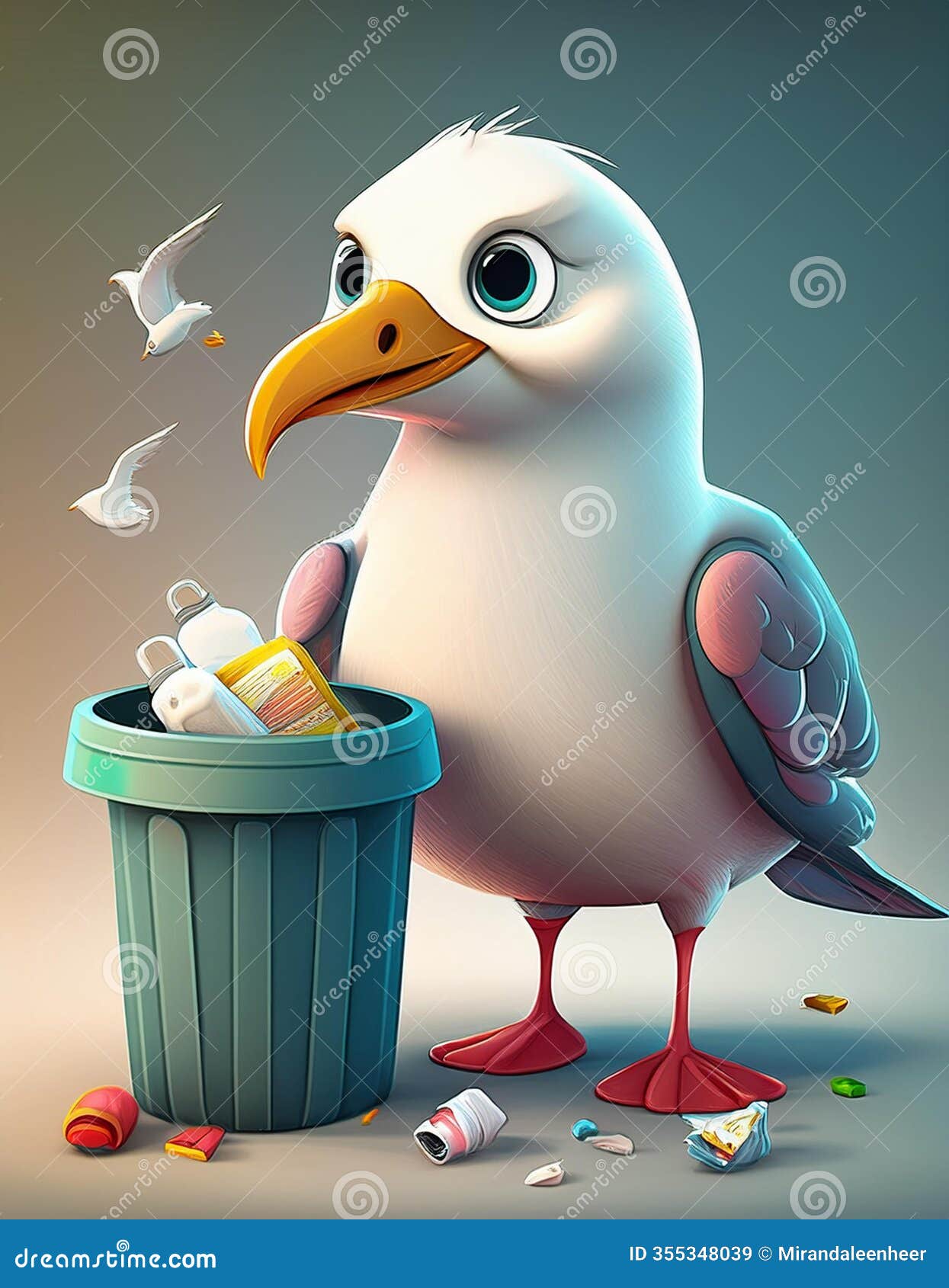 Seagull Eats from Garbage Bin Cartoon Stock Illustration - Illustration ...