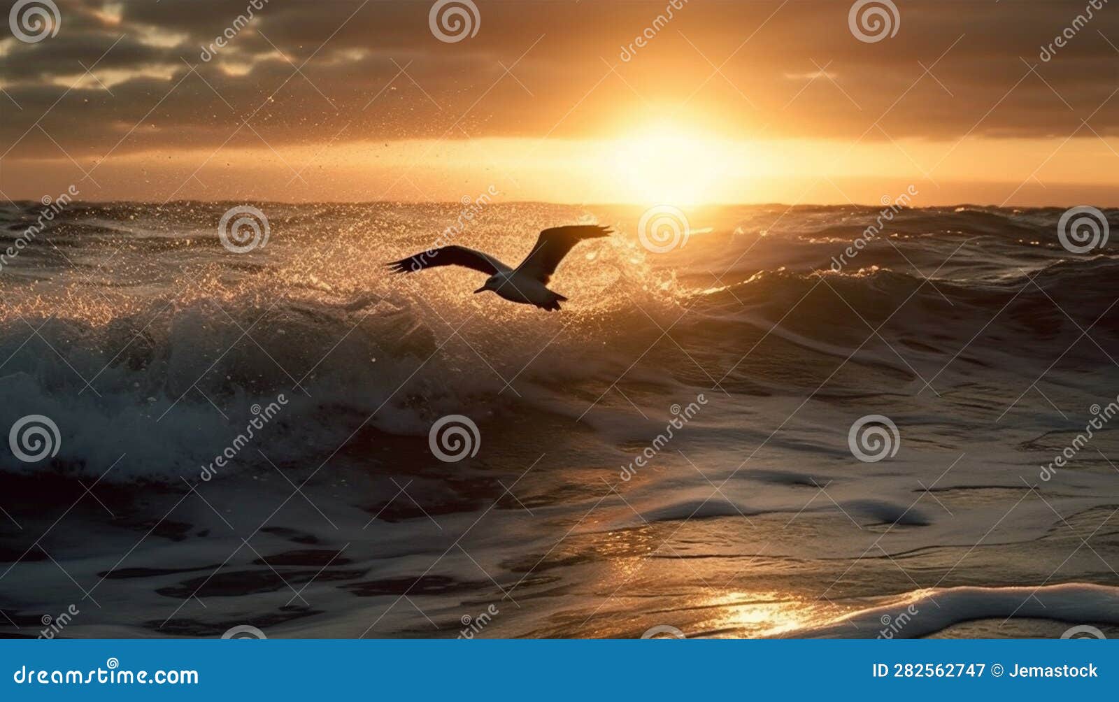 Seagull Flying Mid Air, Back Lit by Sunset Over Tranquil Seascape ...